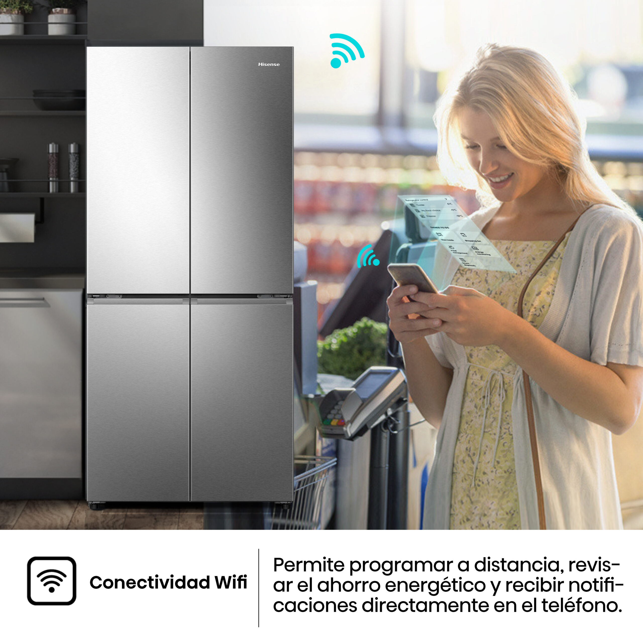 Hisense RQ5P470SAID - Frigorífico Americano 4 Puertas, Clase D , 483L, Inox