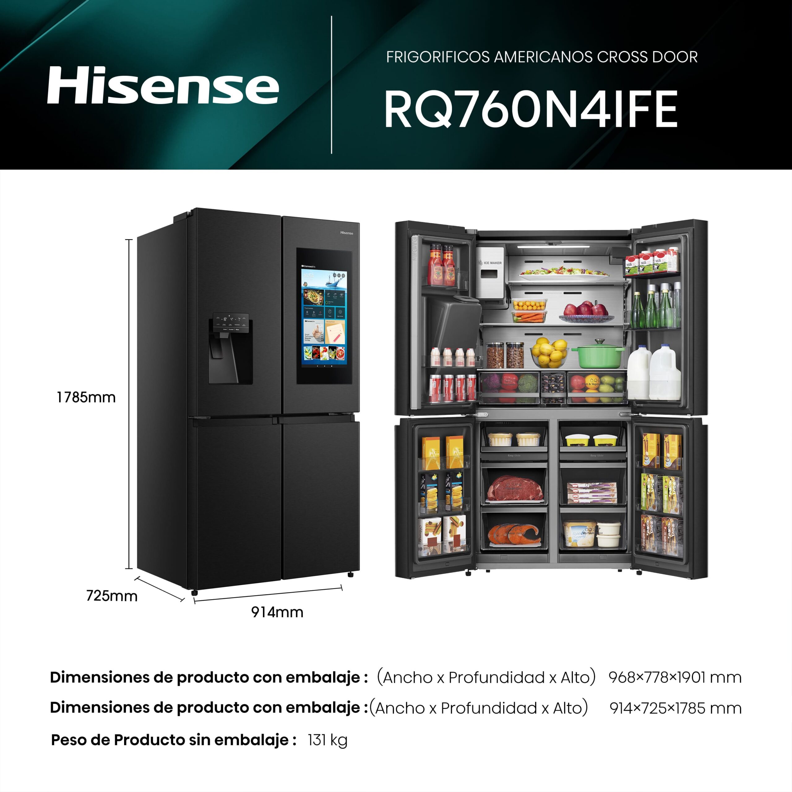 Hisense RQ760N4IFE - Frigorífico Americano 4 Puertas, Clase E
