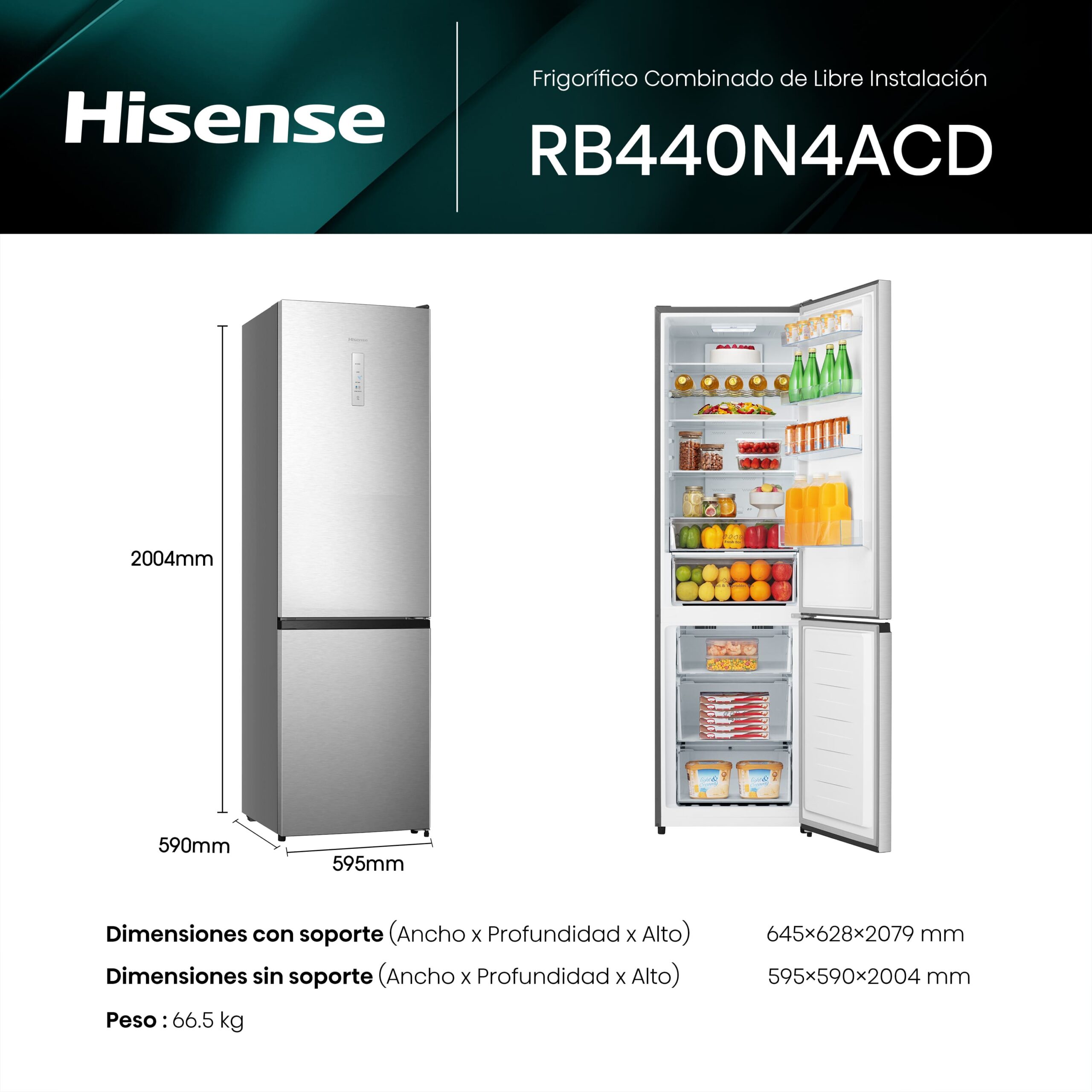Hisense RB440N4ACD - Frigorífico Combi 2 Puertas, Clase D , 336L, Inox