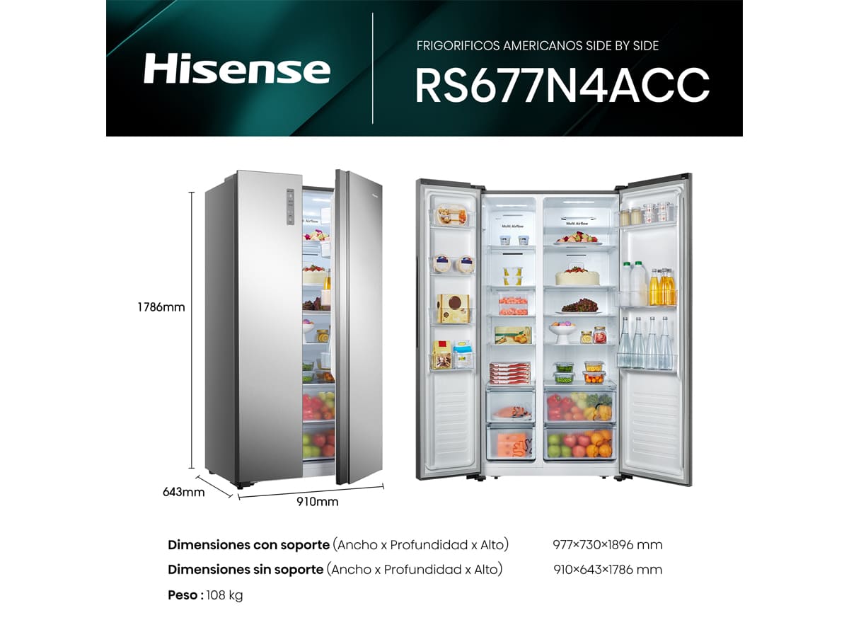 Hisense RS677N4ACC - Frigorífico Americano Side By Side, Clase C , 519L ...