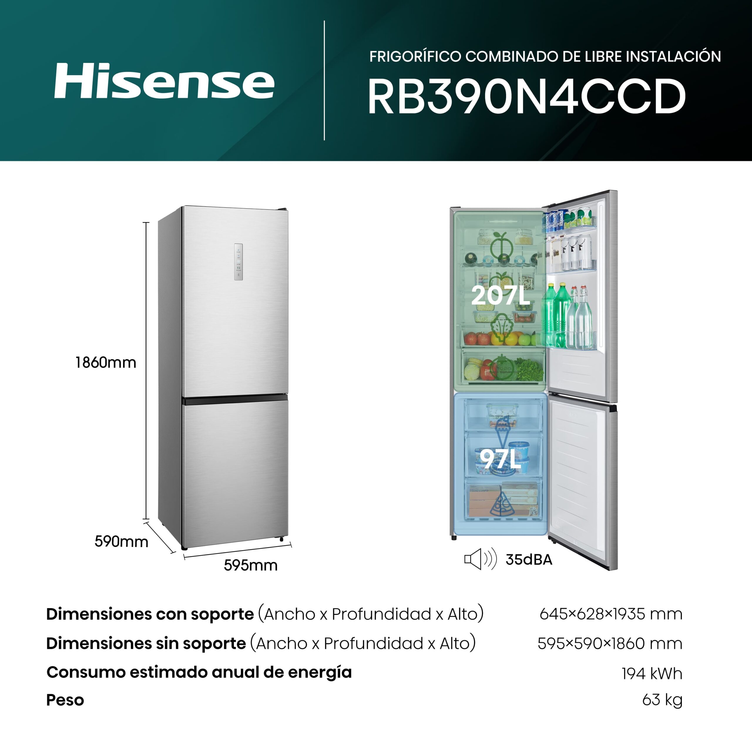 Hisense RB390N4CCD - Frigorífico Combi, Clase D , 304L, Inox