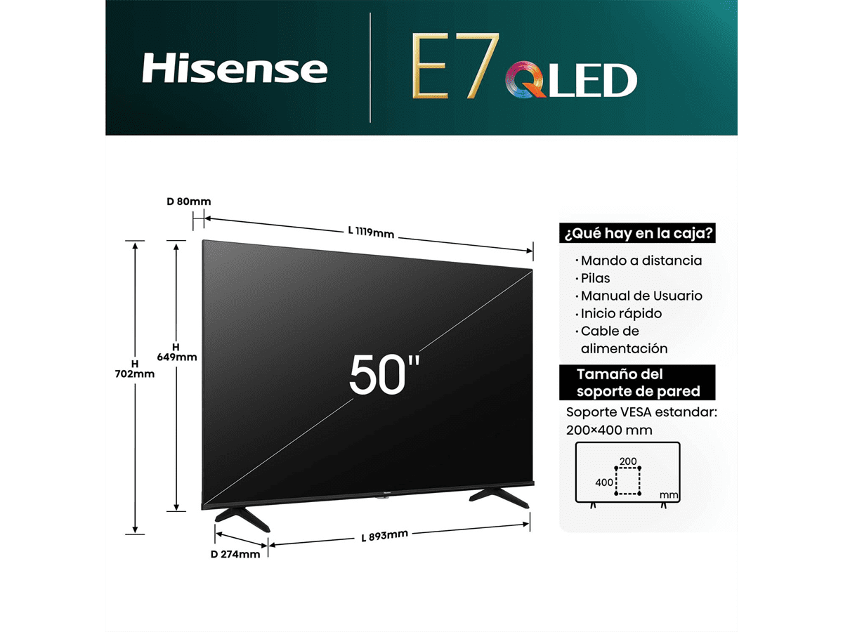 Hisense QLED TV 50E7NQ Smart TV, Quantum Dot Colour